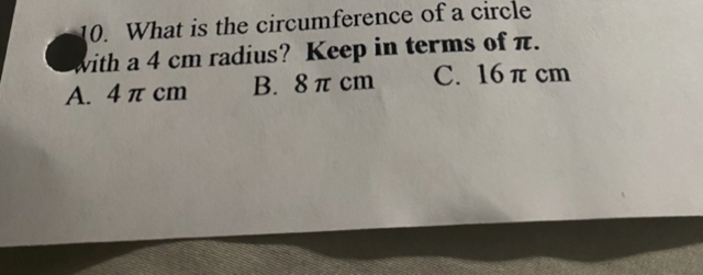 Solved 0. What is the circumference of a circle vith a 4 cm | Chegg.com