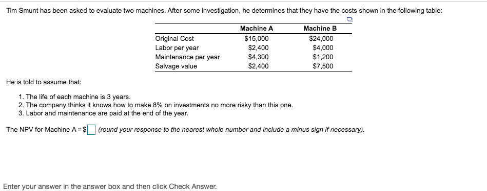 Solved Tim Smunt has been asked to evaluate two machines. | Chegg.com