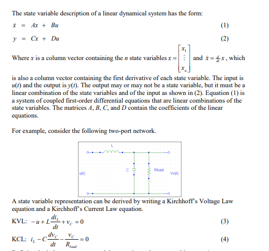 Solved The State Variable Description Of A Linear Dynamical
