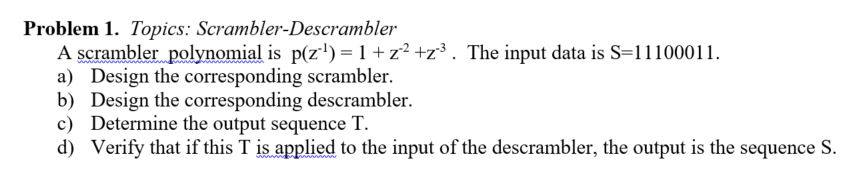 Solved Problem 1. Topics: Scrambler-Descrambler A scrambler | Chegg.com