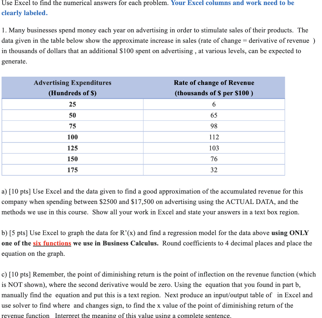Use Excel To Find The Numerical Answers For Each Chegg