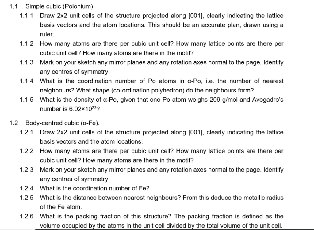 1.1 Simple cubic (Polonium) 1.1.1 Draw 2x2 unit cells | Chegg.com