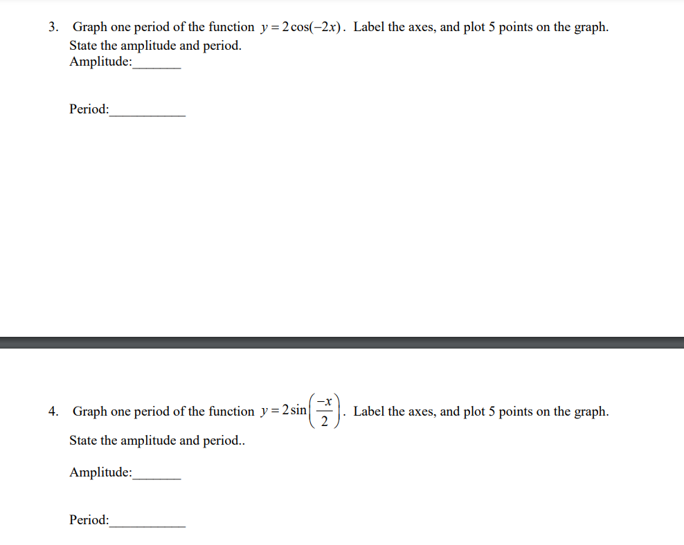 Solved 3. Graph one period of the function y=2cos(−2x). | Chegg.com