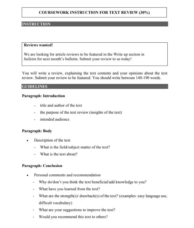Solved COURSEWORK INSTRUCTION FOR TEXT REVIEW (30%) | Chegg.com