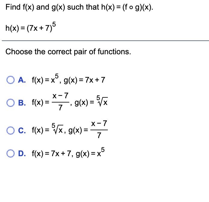 Solved Find f(x) and g(x) such that h(x) = (fog)(x). h(x) = | Chegg.com