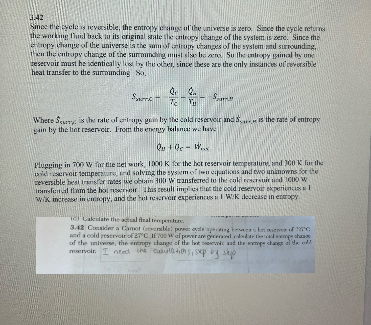 Solved 3.42 Since the cycle is reversible, the entropy | Chegg.com