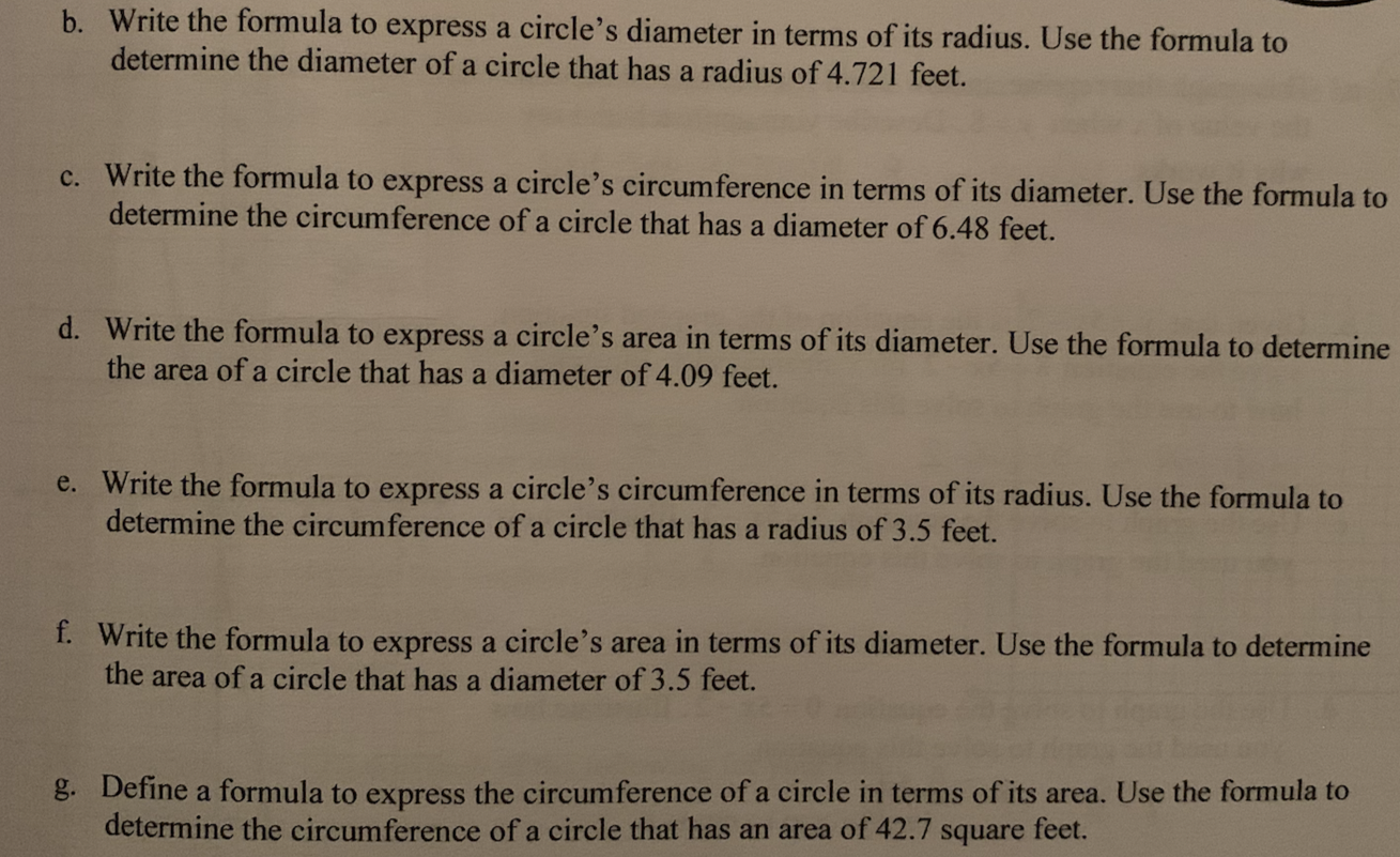 Solved b. Write the formula to express a circle's diameter | Chegg.com