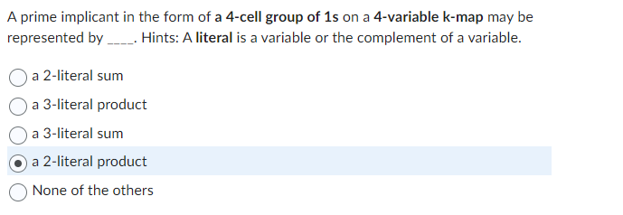 Solved A prime implicant in the form of a 4-cell group of 1 | Chegg.com