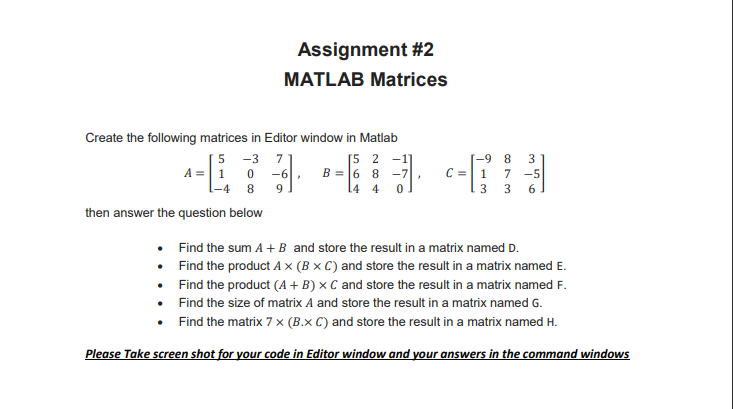 Solved Assignment \#2 MATLAB Matrices Create the following | Chegg.com