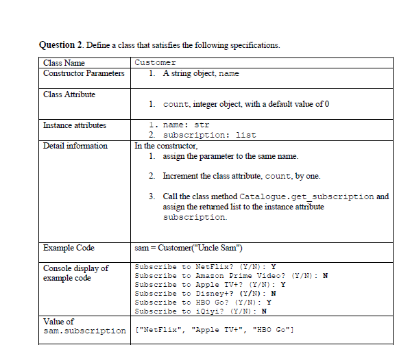 Solved Question 2. Define a class that satisfies the | Chegg.com