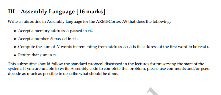 Solved III Assembly Language [16 marks] Write a subroutine | Chegg.com