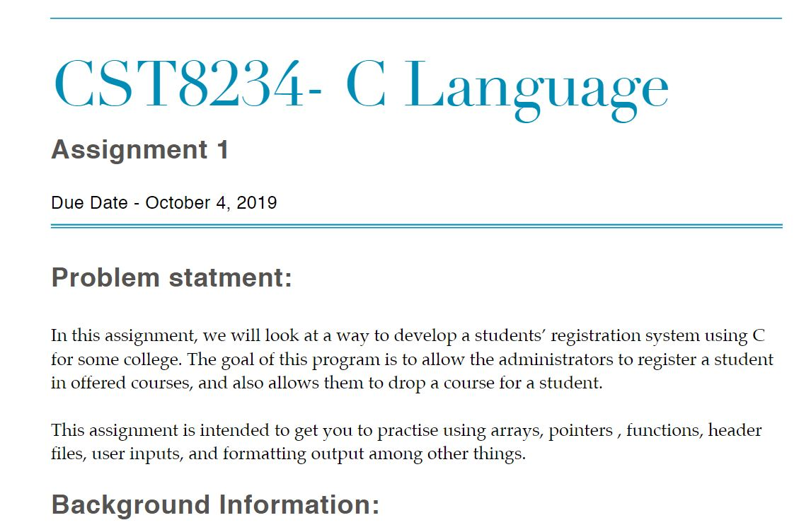 Solved CST8234- C Language Assignment 1 Due Date - October | Chegg.com