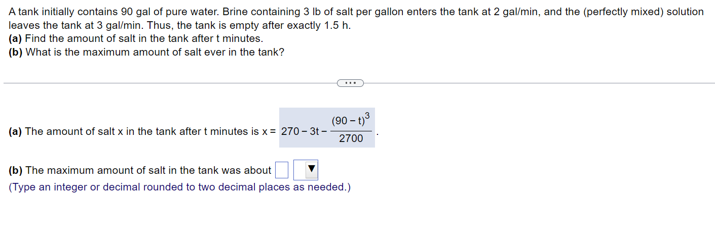 Solved A tank initially contains 90gal of pure water. Brine | Chegg.com