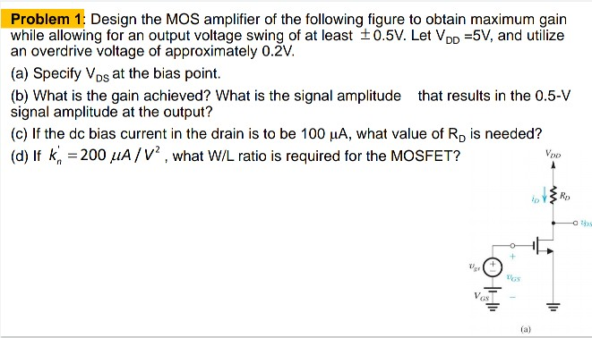 Solved Problem 1: Design the MOS amplifier of the following | Chegg.com