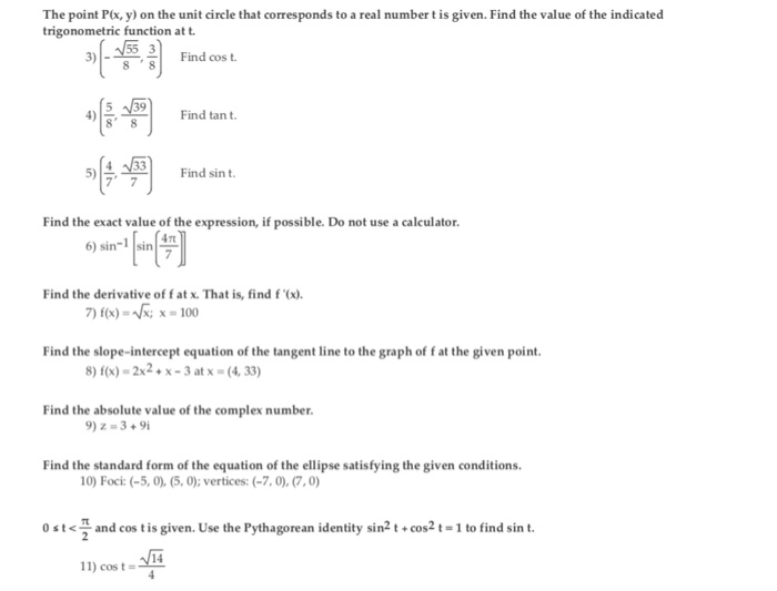 Solved The point P(x, y) on the unit circle that corresponds | Chegg.com