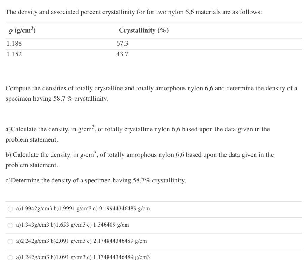 Solved The density and associated percent crystallinity for | Chegg.com