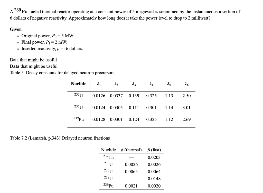 Solved A 239Pu-fueled thermal reactor operating at a | Chegg.com