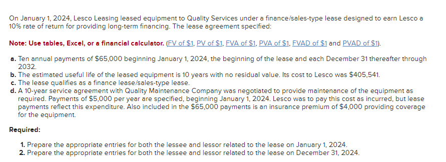 Solved On January 1, 2024, Lesco Leasing leased equipment to | Chegg.com