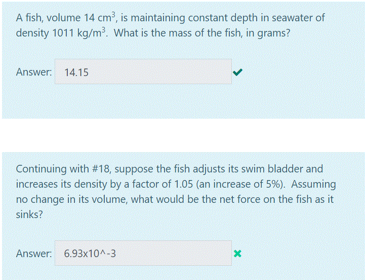 Solved A fish, volume 14 cm), is maintaining constant depth | Chegg.com