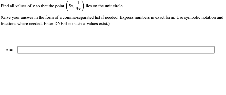 Solved Find all values of x so that the point (5x,(1)/(5x)) | Chegg.com