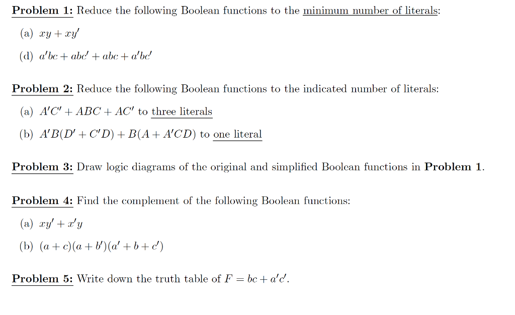 Solved Problem 1: Reduce the following Boolean functions to | Chegg.com
