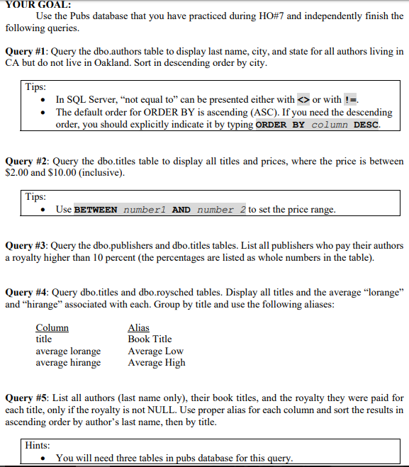 Solved YOUR GOAL: Use the Pubs database that you have | Chegg.com