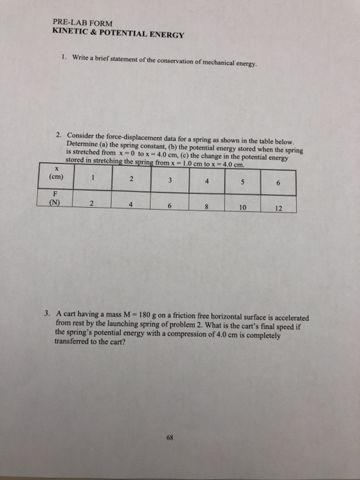 Solved PRE-LAB FORM KINETIC&POTENTIAL ENERGY 1. Write a | Chegg.com