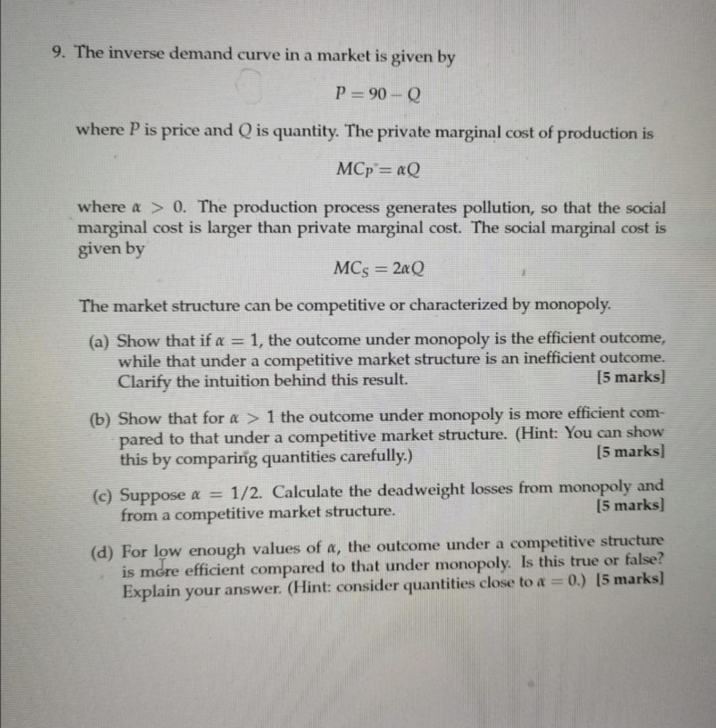 Solved 9. The inverse demand curve in a market is given by | Chegg.com