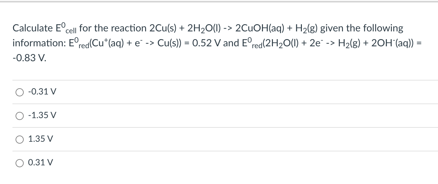 Solved Calculate Eºcell in Volts for the reaction: 2Li(s) + | Chegg.com