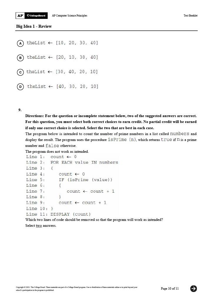 Solved AP College Board AP Computer Science Principles Test Chegg