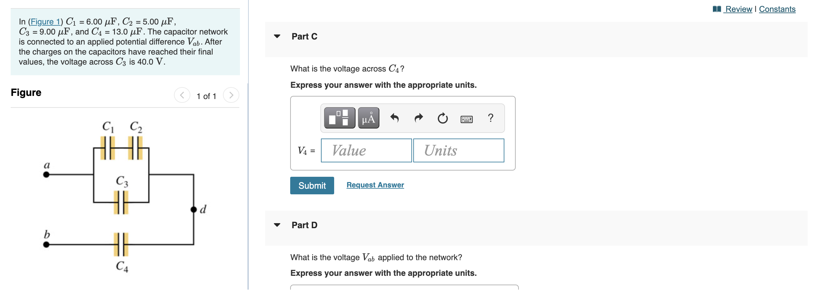 Solved Review | Constants Part A In (Figure 1) C1 = 6.00 uF, | Chegg.com
