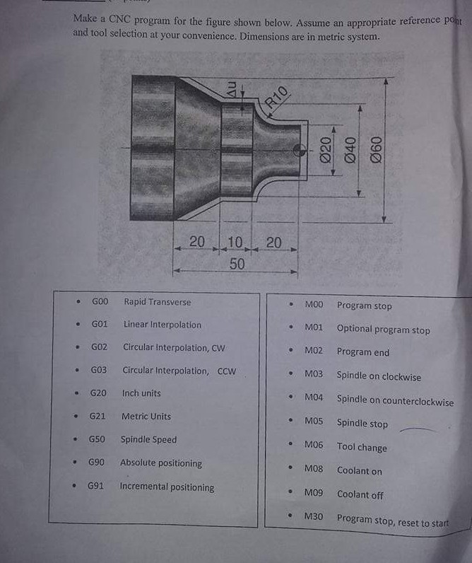 Solved Make a CNC program for the figure shown below. Assume | Chegg.com