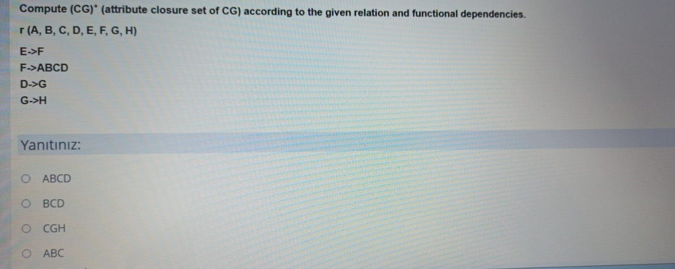 Solved Compute (CG)* (attribute closure set of CG) according | Chegg.com