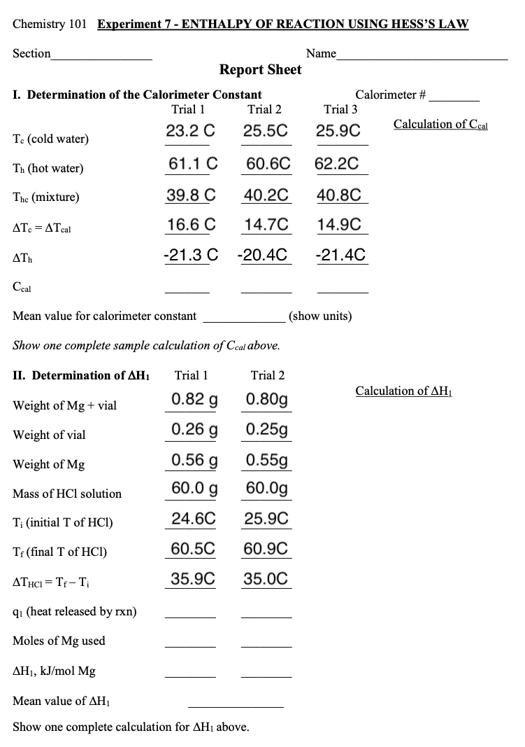 Chemistry 101 Experiment 7-ENTHALPY OF REACTION USING | Chegg.com