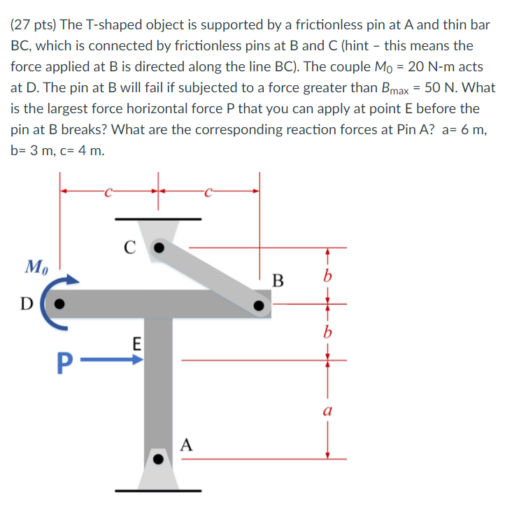 Solved (27 pts) The T-shaped object is supported by a | Chegg.com