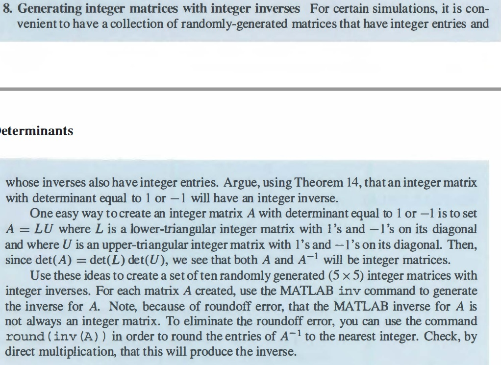 Generating integer matrices with integer inverses For | Chegg.com