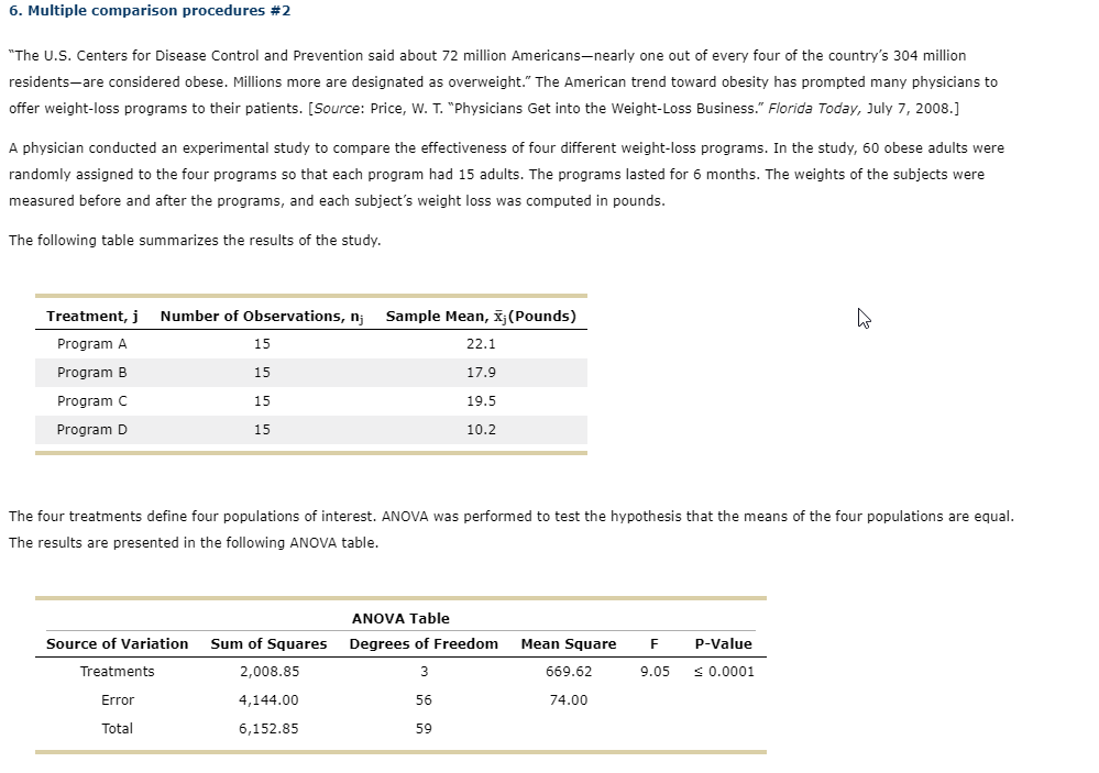 Solved 6. Multiple comparison procedures #2 "The U.S. | Chegg.com