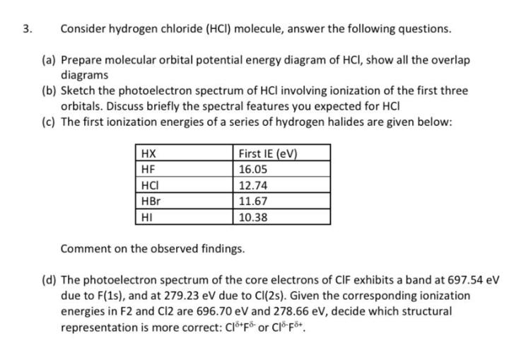 Solved 3. Consider hydrogen chloride (HCI) molecule, answer | Chegg.com