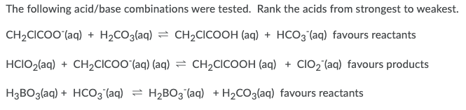 Solved The following acid/base combinations were tested. | Chegg.com