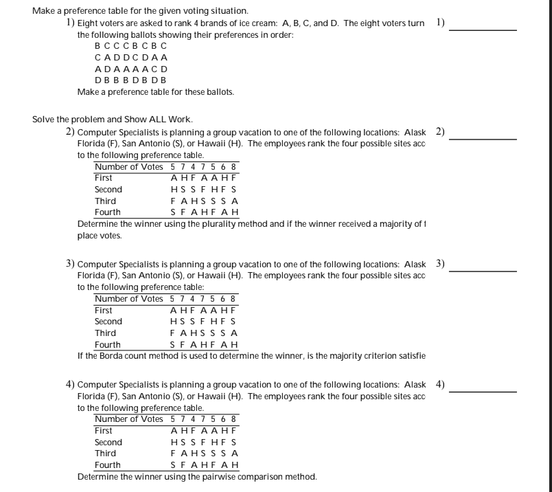 Solved 1) Make a preference table for the given voting | Chegg.com