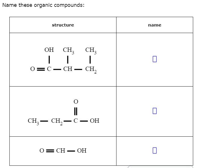Solved Name these organic compounds: structure name OH CH3 | | Chegg.com