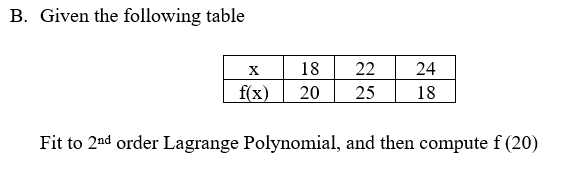 Solved B. Given the following table X 18 22 25 24 18 f(x) 20 | Chegg.com
