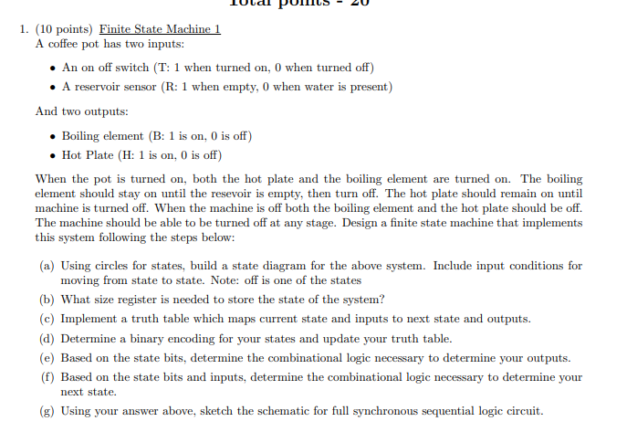 Solved 1. (10 points) Finite State Machine 1 A coffee pot | Chegg.com