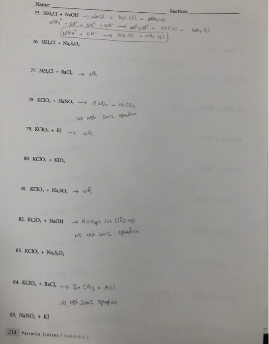 Solved Name: Section: 75. NHCl + NaOH - Nocl 420 (1) NAS (1) | Chegg.com