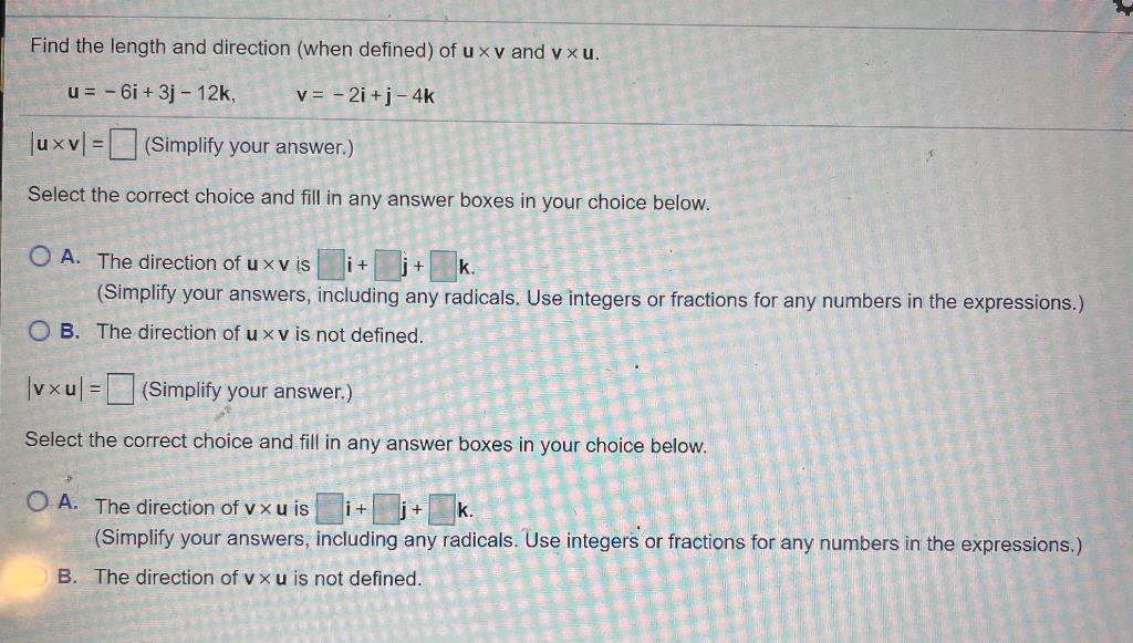 Solved Find the length and direction (when defined) of u xv | Chegg.com