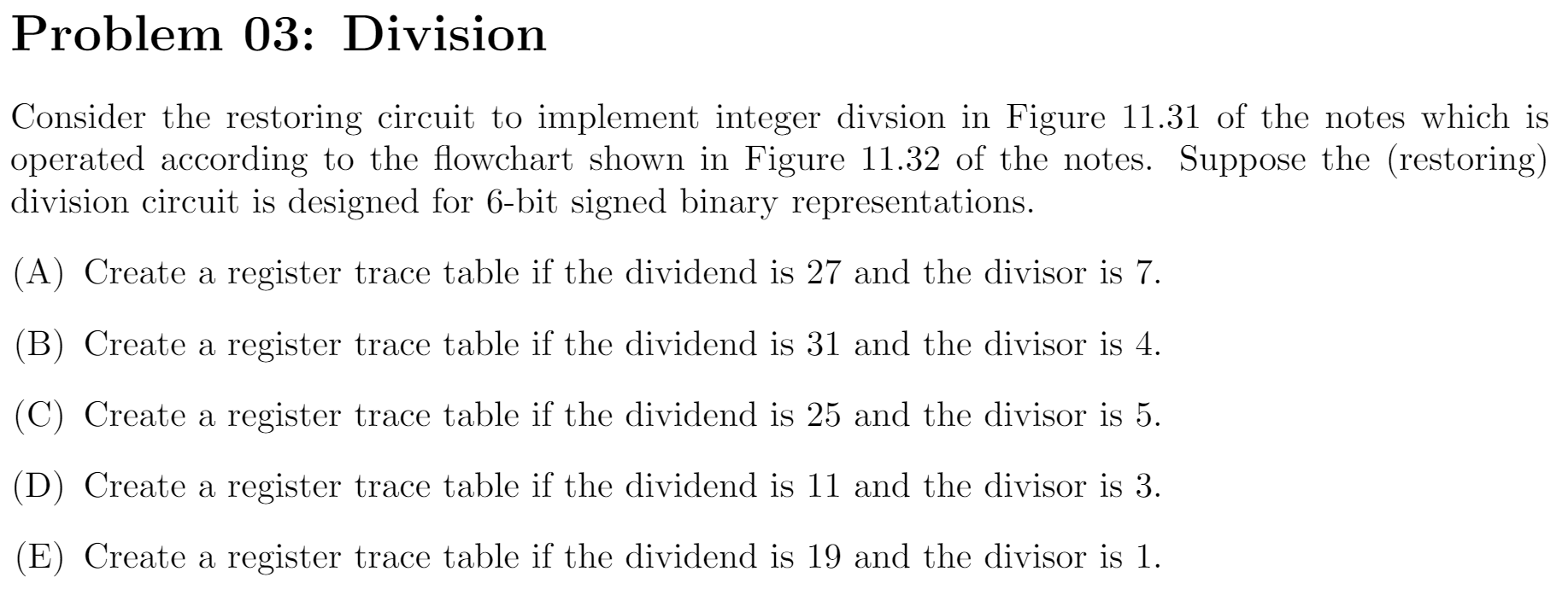 Problem 03: Division Consider the restoring circuit | Chegg.com