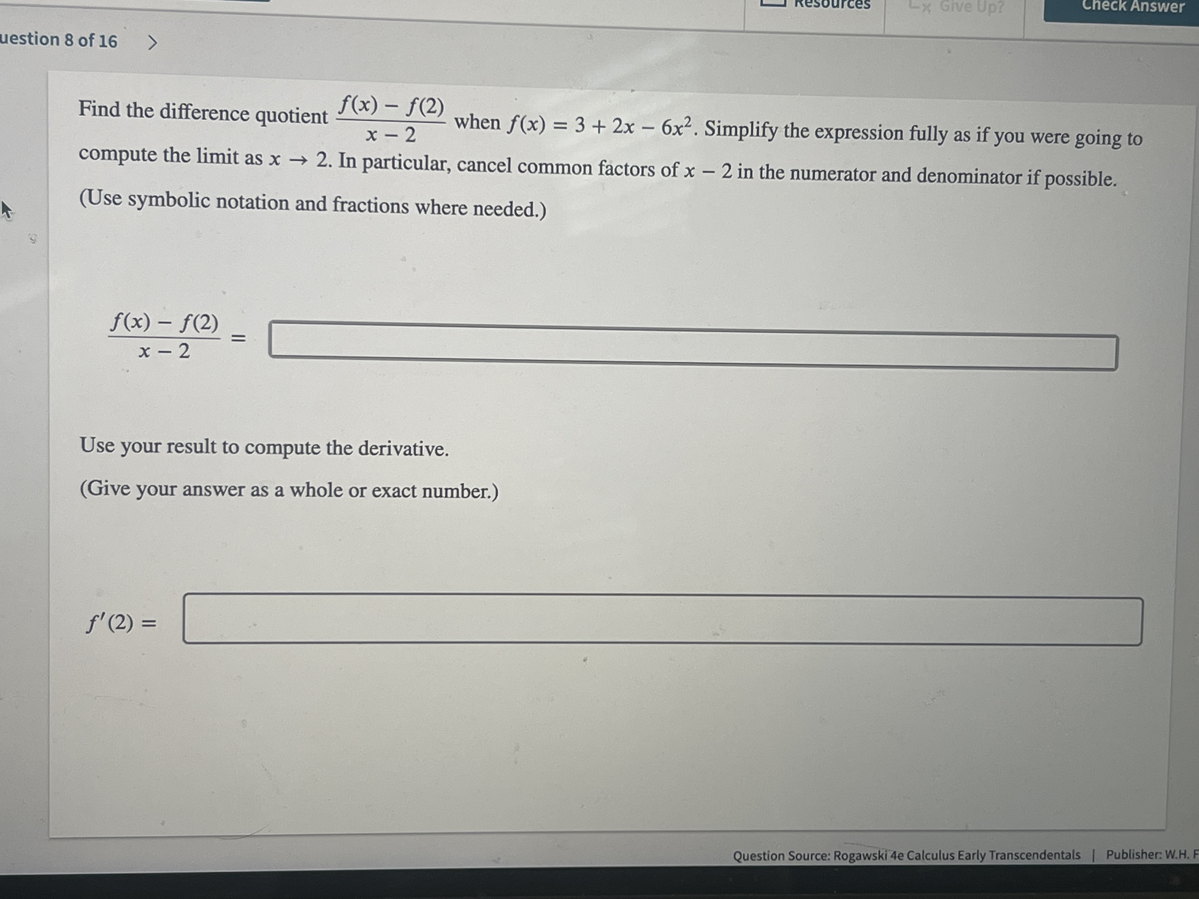 Solved Find the difference quotient x−2f(x)−f(2) when | Chegg.com
