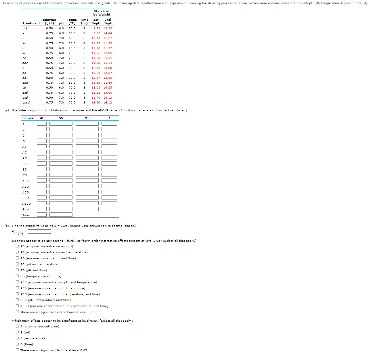 Solved b) Find the critical value using α=0.05. (Round your | Chegg.com