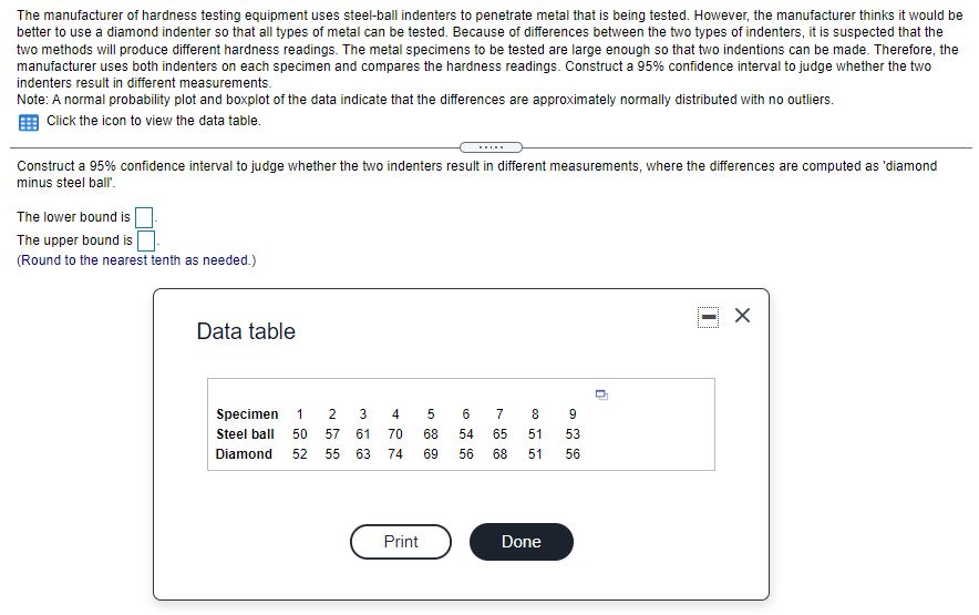 Solved The manufacturer of hardness testing equipment uses | Chegg.com
