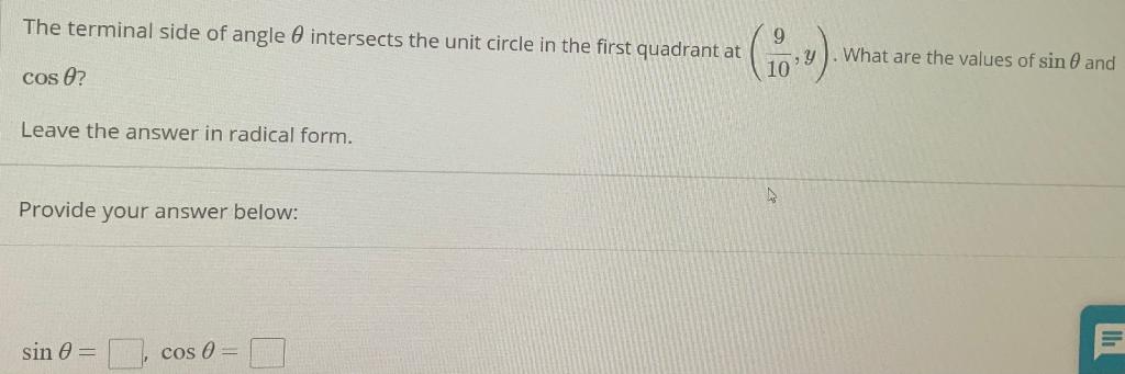 Solved The terminal side of angle @ intersects the unit | Chegg.com
